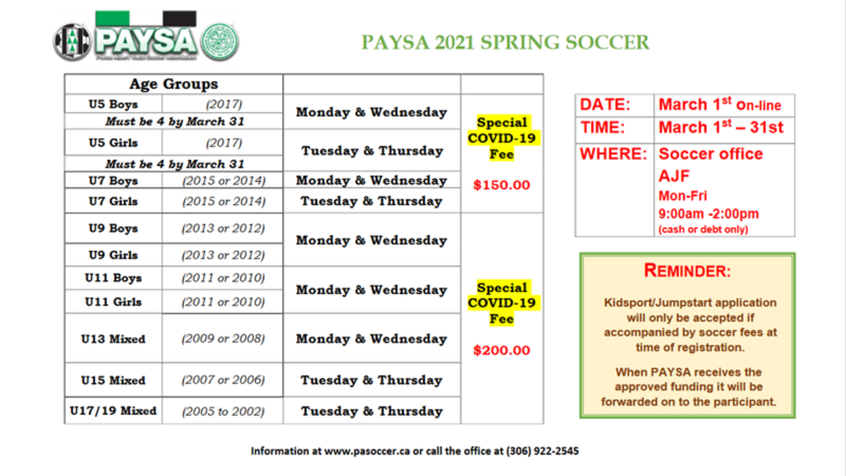 PAYSA 2021 Spring Soccer | paNOW