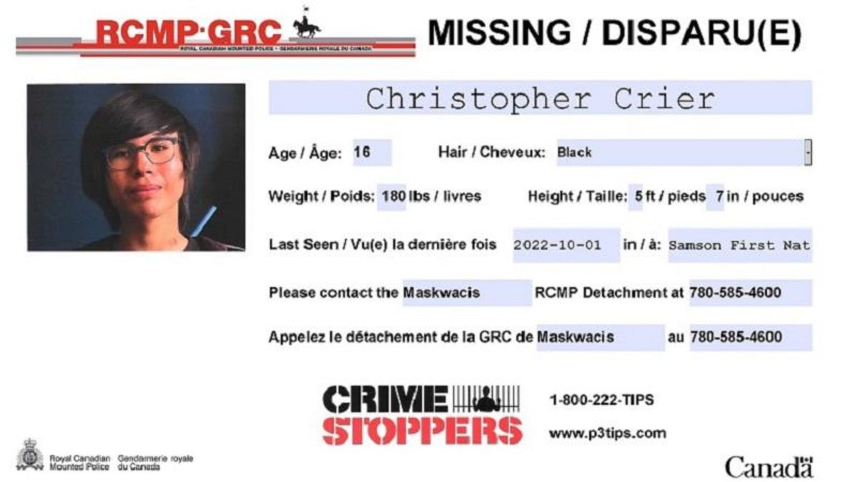 Missing: Christopher Crier, 16, of Maskwacis | rdnewsnow.com