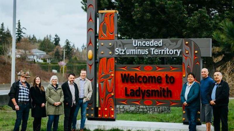 New welcome to Ladysmith sign features eye-catching Coast Salish ...
